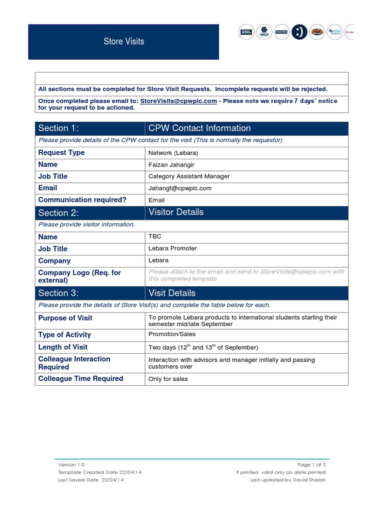 Store Visit Request Template | PDF