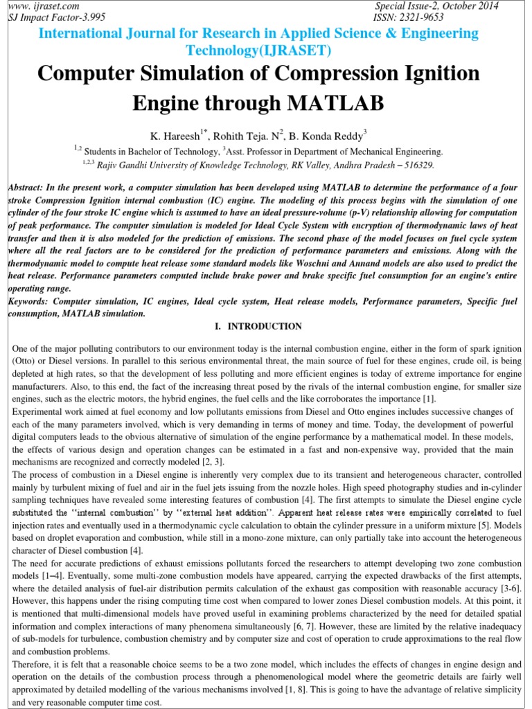 Computer Simulation of Compression Ignition Engine Through MATLAB | PDF ...