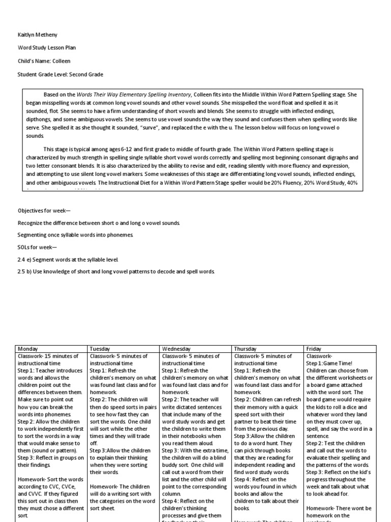 Word Study Lesson Plan | PDF | Spelling | Vowel