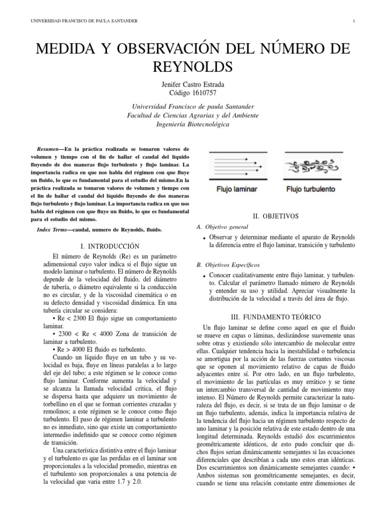 Informe Numero de Reynolds | Descargar gratis PDF | Numero Reynolds | Flujo laminar