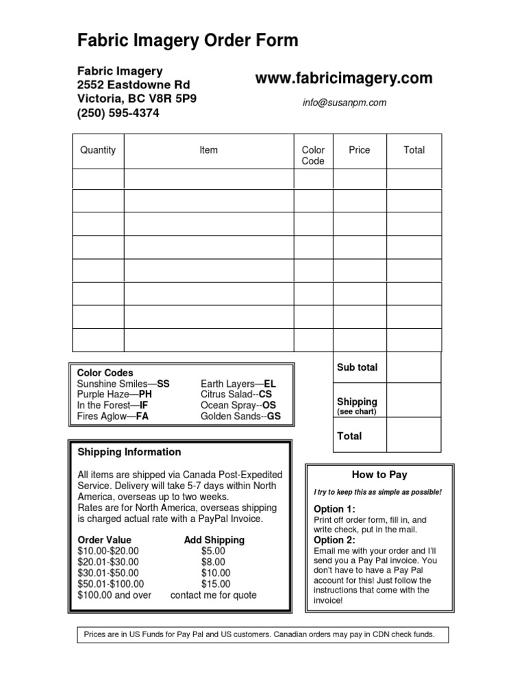 Fabric Imagery Order Form Details | PDF
