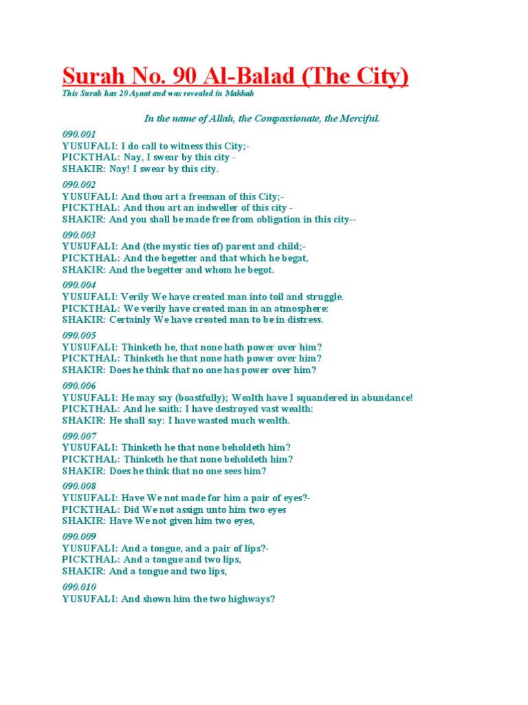Surah Al-Balad: English Translation | PDF | Islamic Texts | Religious ...