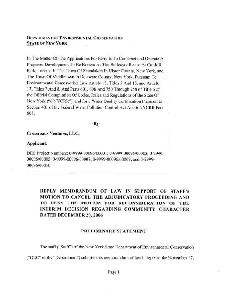 Memorandum of Law Supporting Department of Environmental Conservation ...