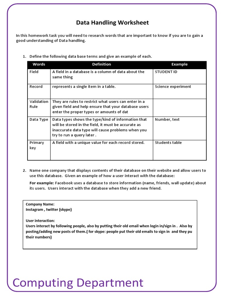 Data Handling Worksheet | PDF | Databases | Areas Of Computer Science