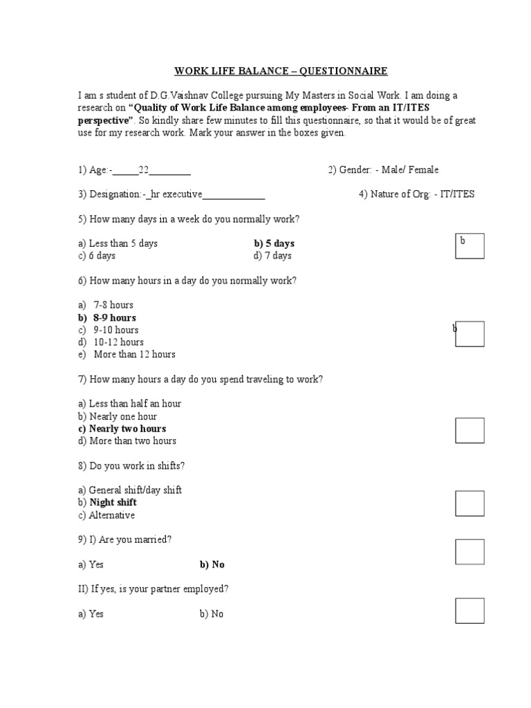 Research Project - Questionnaire | PDF | Work–Life Balance | Day Care