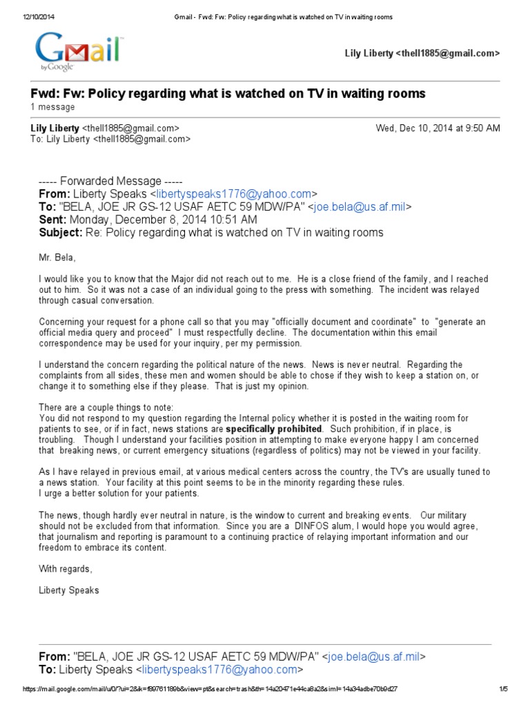 Gmail - FWD - Policy Regarding What Is Watched On TV in Waiting Rooms | PDF