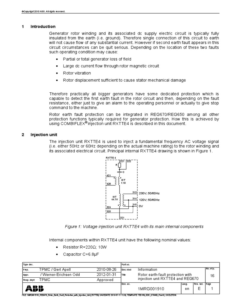 Rotor Earth-Fault Protection With Injection Unit Rxtte4 and Reg670 ...