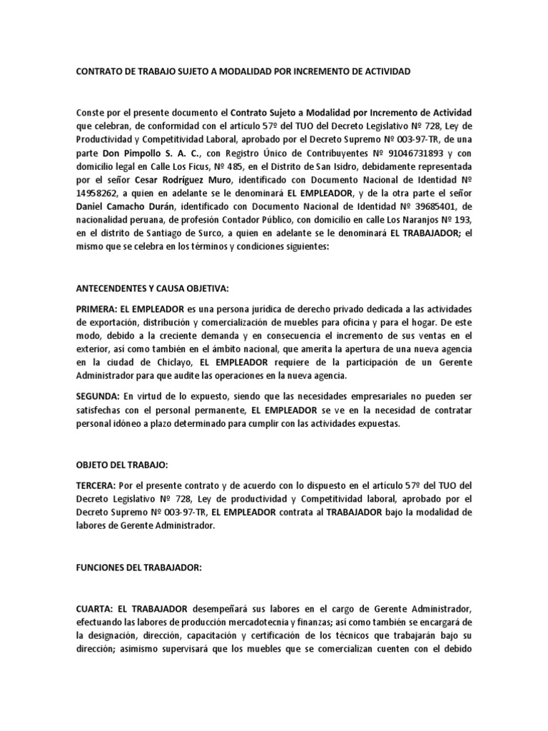 CONTRATO DE TRABAJO SUJETO A MODALIDAD POR INCREMENTO DE ACTIVIDAD.pdf | Derecho laboral ...