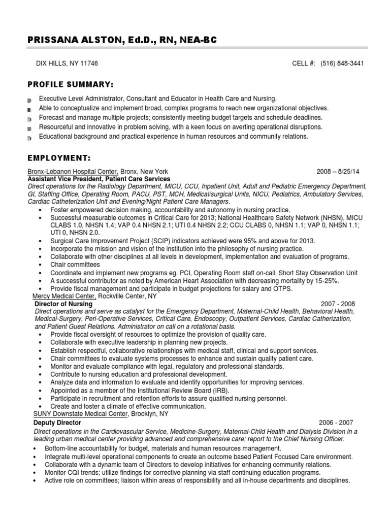 Chief Nursing Officer in USA Resume Prissana Alston | Nursing | Hospital