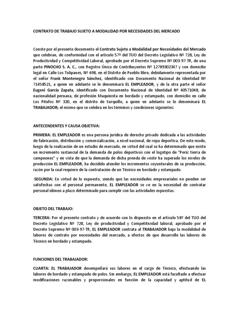 Contrato de Trabajo Sujeto a Modalidad Por Necesidades Del Mercado | Derecho laboral | Salario