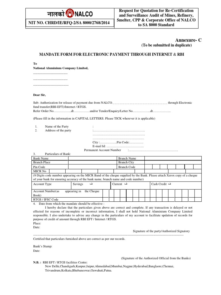Annexure C - Format of Bank Mandate Form | PDF | Cheque | Personal ...