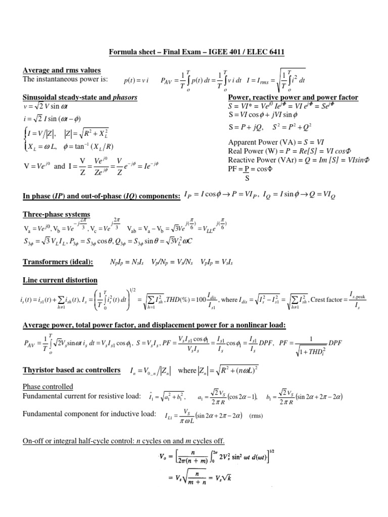 Formula Sheet Final 2013 Power Electronics | PDF