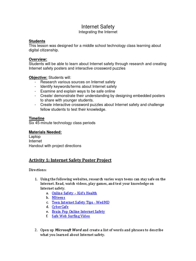 Internet Safety Poster Project | PDF | Crossword | Internet