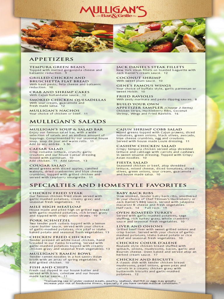 Mulligan's Restaurant Menu Overview | PDF | Salad | Hamburgers