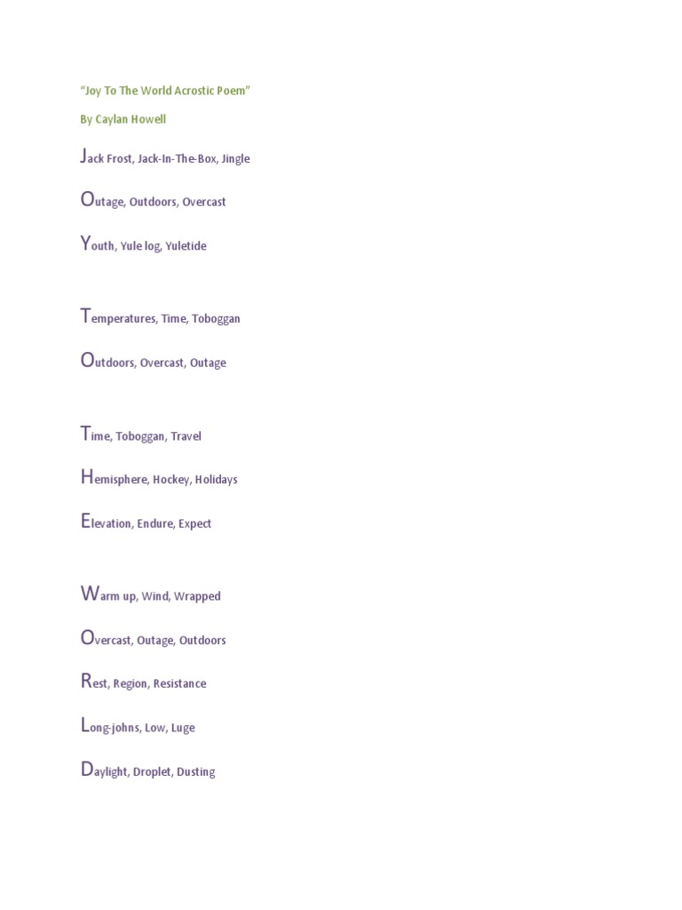 Joy To The World Acrostic Poem | PDF