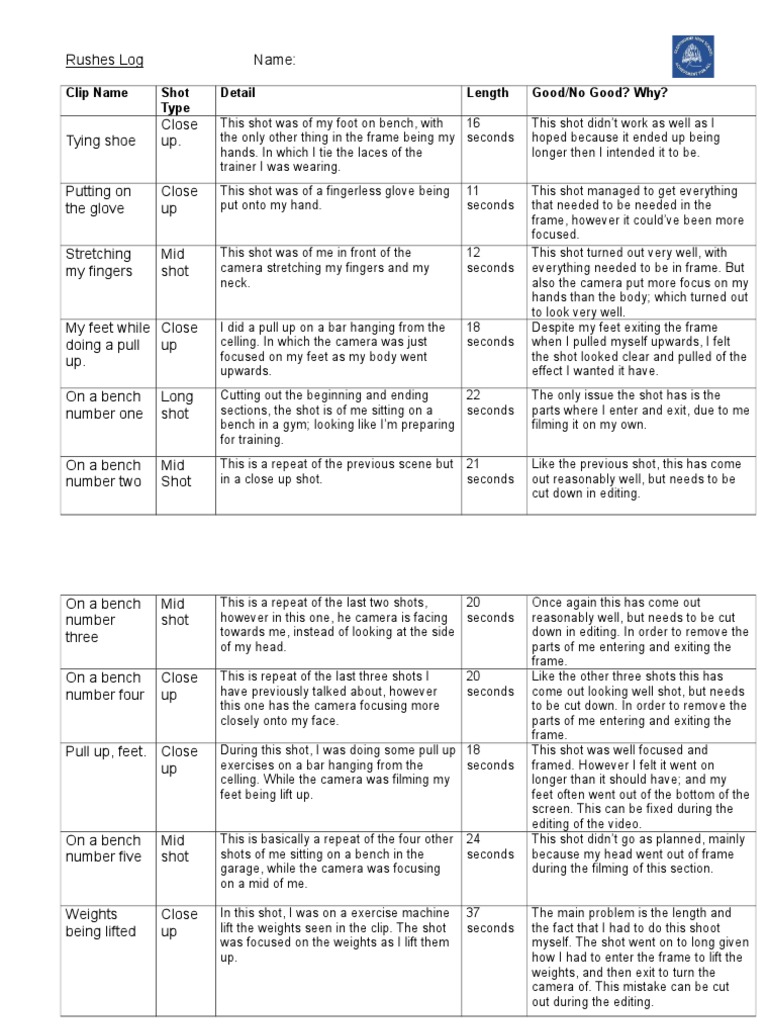 Rushes Log (1) . | PDF | Glove | Camera