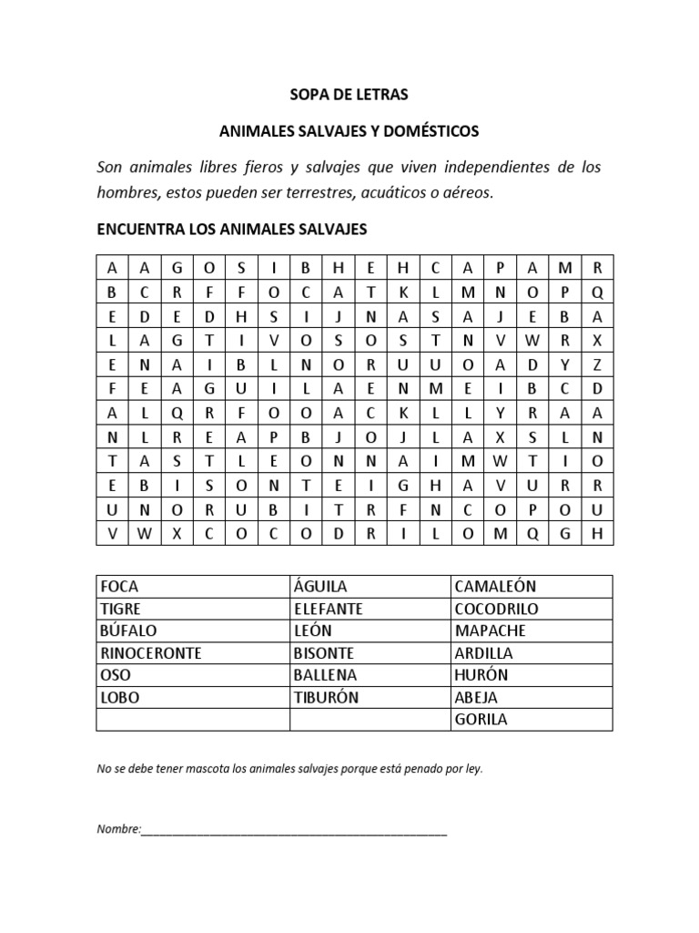 Sopas de Letras Animales Salvajes y Animales Domesticos | PDF | Artes ...