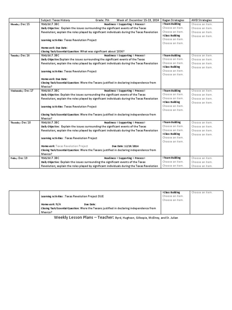 Texas History Lesson Plans Ss3 Wk4 12-15-19-2014 | Lesson Plan ...