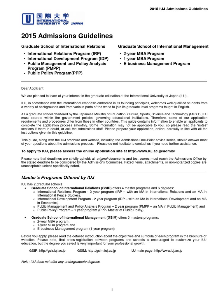 2015 Admissions Guidelines: Graduate School of International Relations ...