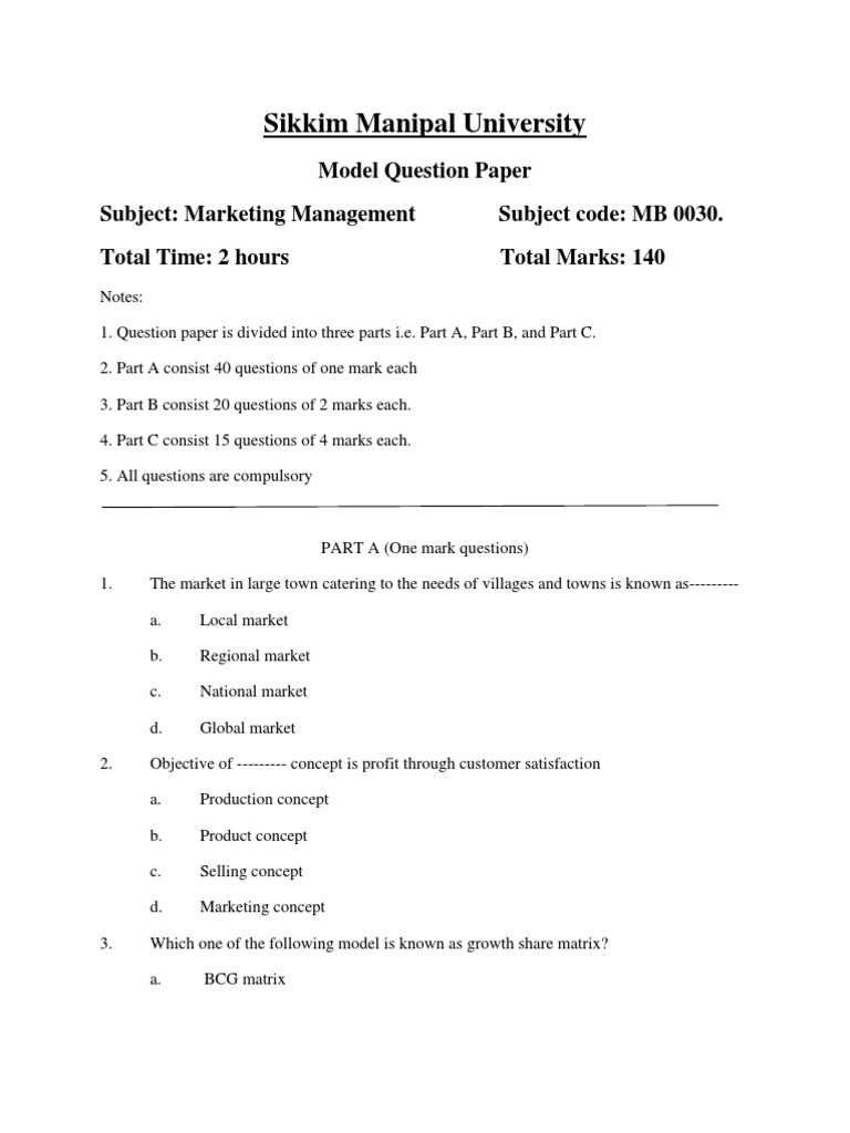 Marketing Management Model Question Paper | PDF | Brand | Pricing