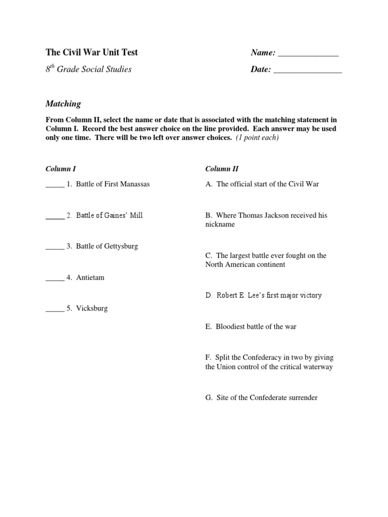 8th Grade Civil War Unit Test | PDF | American Civil War | Union ...