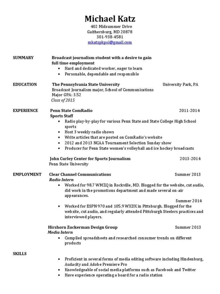 Broadcast Journalism Student Resume | PDF