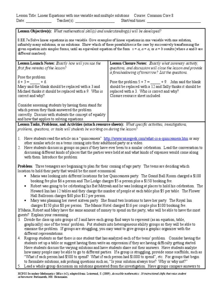 8.EE.7a&b Lesson Multi-Step Equations | PDF | System Of Linear ...