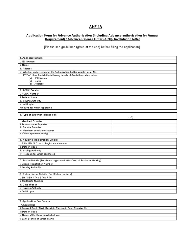 Application Form for Advance Authorisation (Including Advance ...