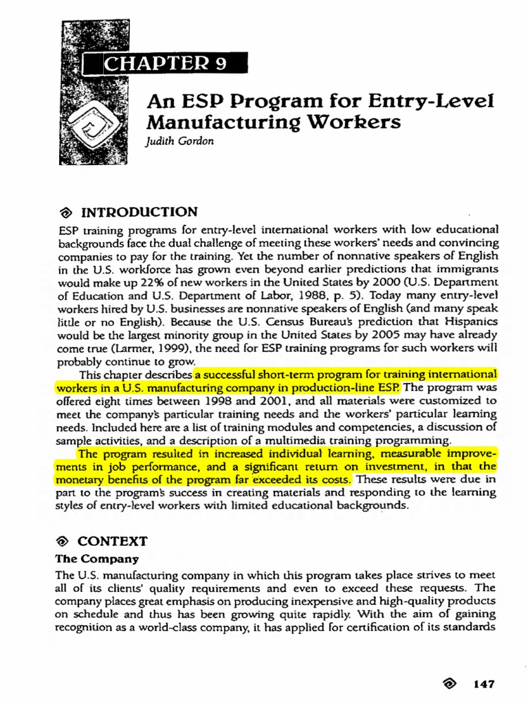An ESP Program For Entry-Level Manufacturing Workers | PDF | English As ...