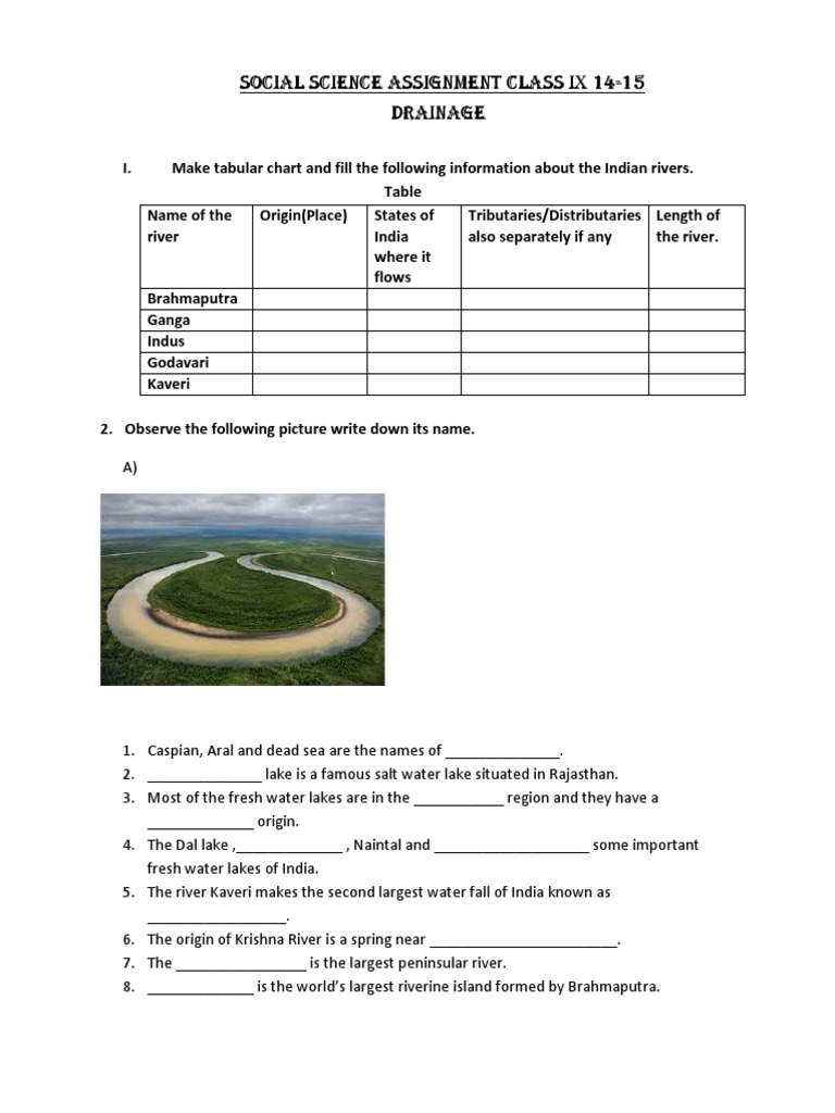 Drainage Assignment Class 9 CBSE | PDF