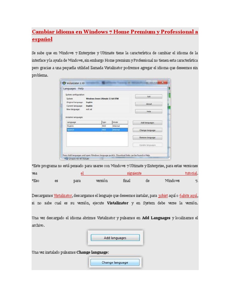 Cambiar Idioma en Windows 7 Home Premium y Professional A Español | PDF ...