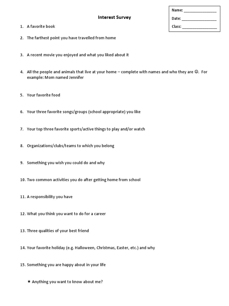 Student Interest Survey Template | PDF | Language Arts & Discipline