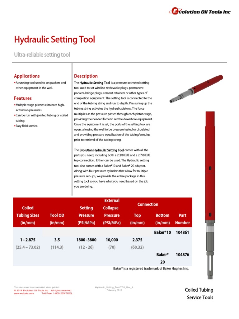 Hydraulic Setting Tool Technical Datasheet | PDF | Gas Technologies | Civil Engineering