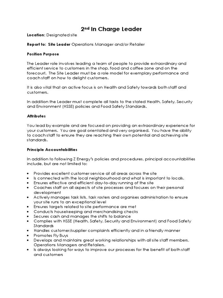 2 in Charge Leader: Location: Designated Site Report To: Site Leader ...