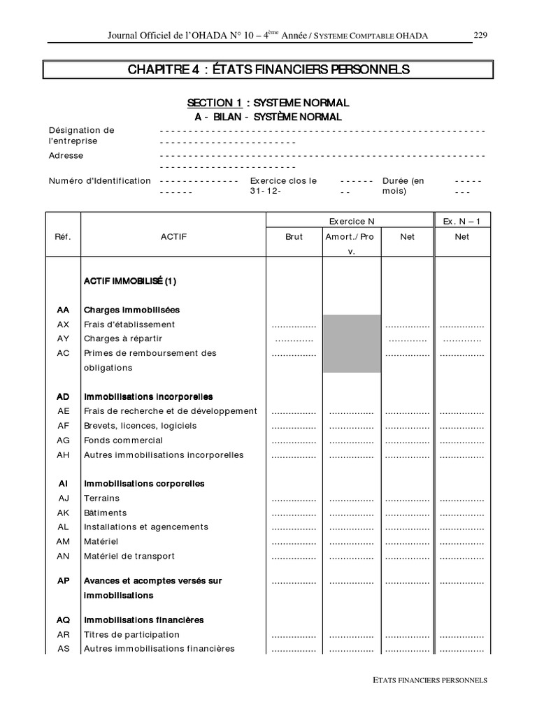 OHADA Etats Financiers Modèle | Immobilisations | Dépréciation
