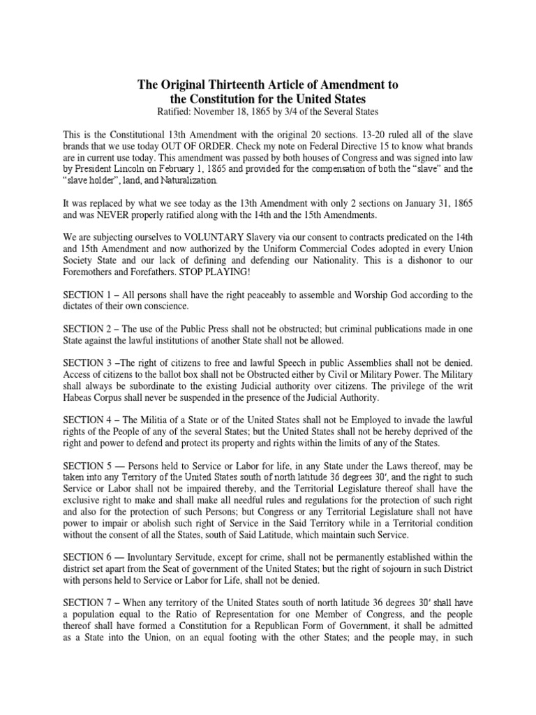 The Thirteenth Amendment of The Constitution of The United States With ...