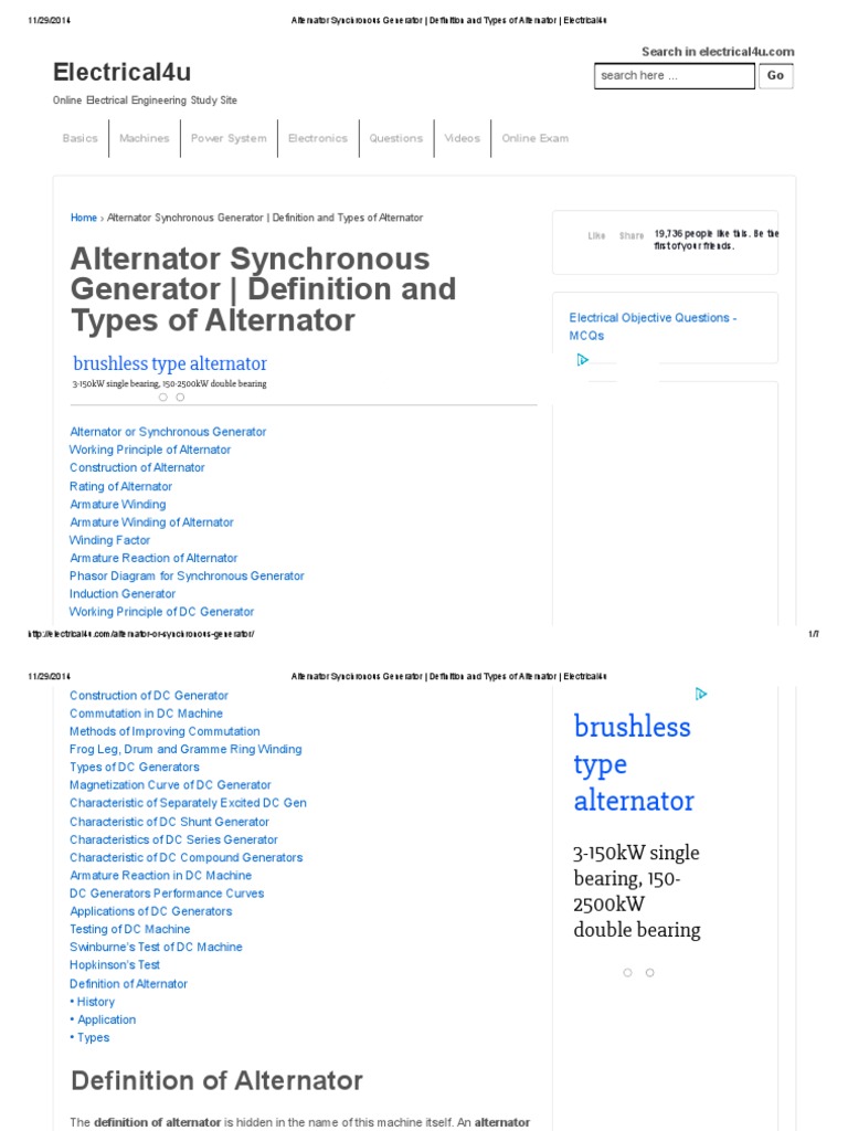 Alternator Synchronous Generator - Definition and Types of Alternator ...