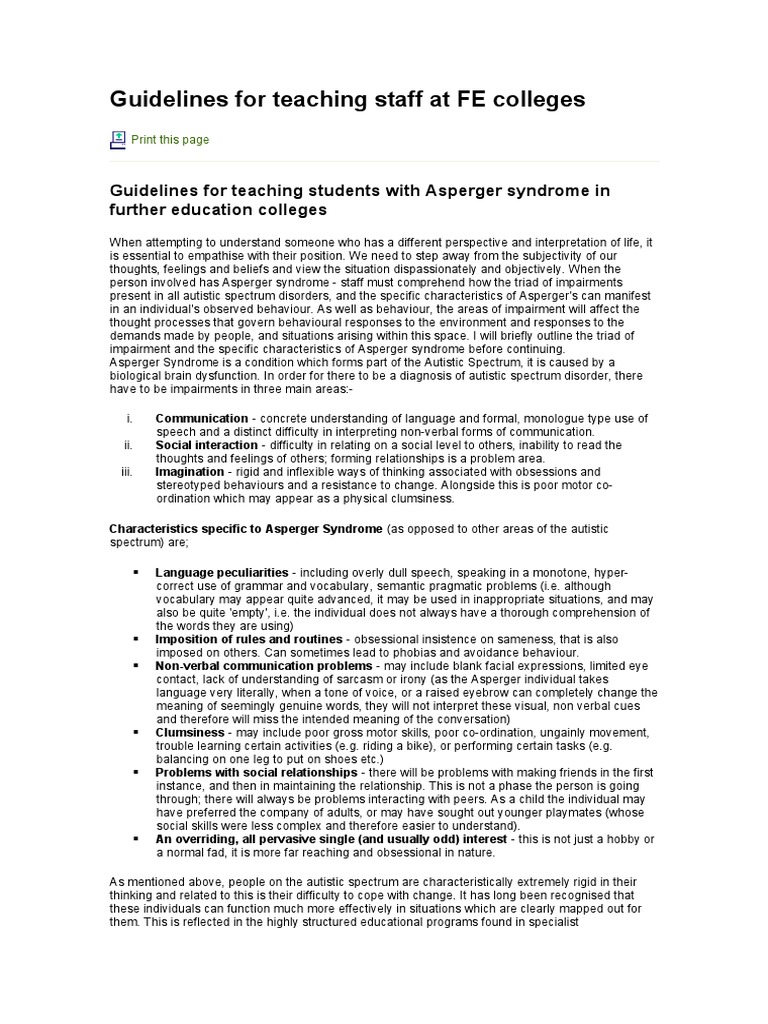 Guidelines For Teaching Staff | PDF | Asperger Syndrome | Autism