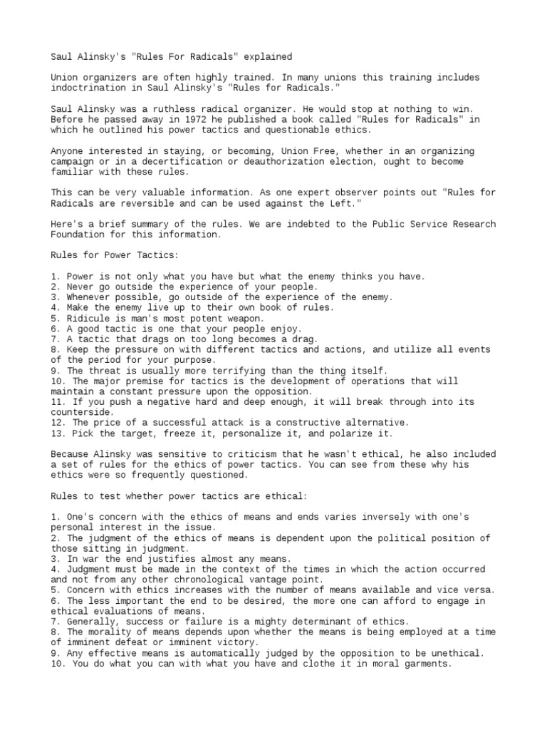 Summary of Saul Alinsky's 'Rules For Radicals' | PDF | Social ...