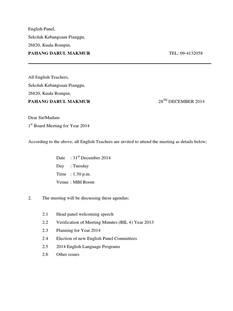 Calling Letter For First English Panel Board Meeting | PDF