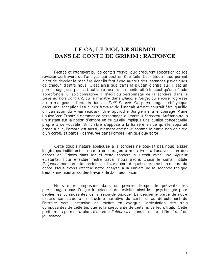Le Ca Le Moi Et Le Surmoi Dans Le Conte de Grimm Raiponce | PDF ...