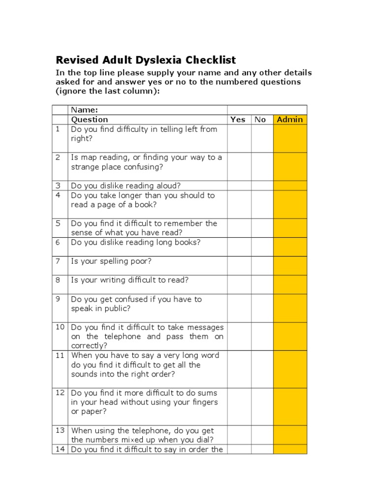 Adult Dyslexia Checklist | PDF