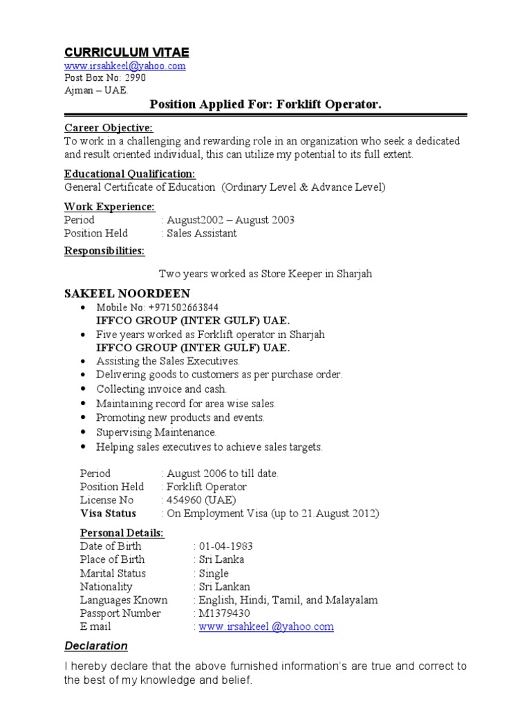 Forklift Operator CV | PDF