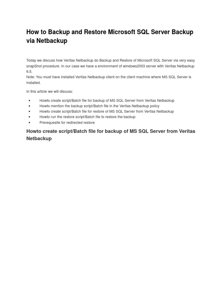 How To Backup and Restore Microsoft SQL Server Backup Via Netbackup | PDF | Microsoft Sql Server ...