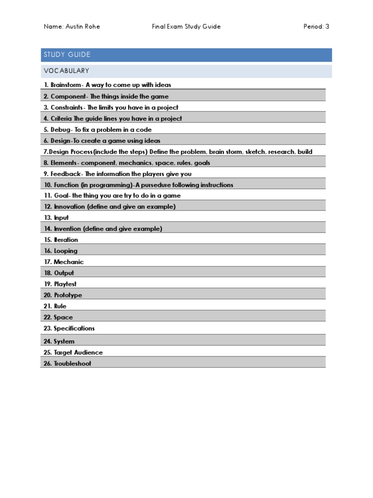 Game Design Final Exam Study Guide | PDF | Teaching Methods & Materials ...