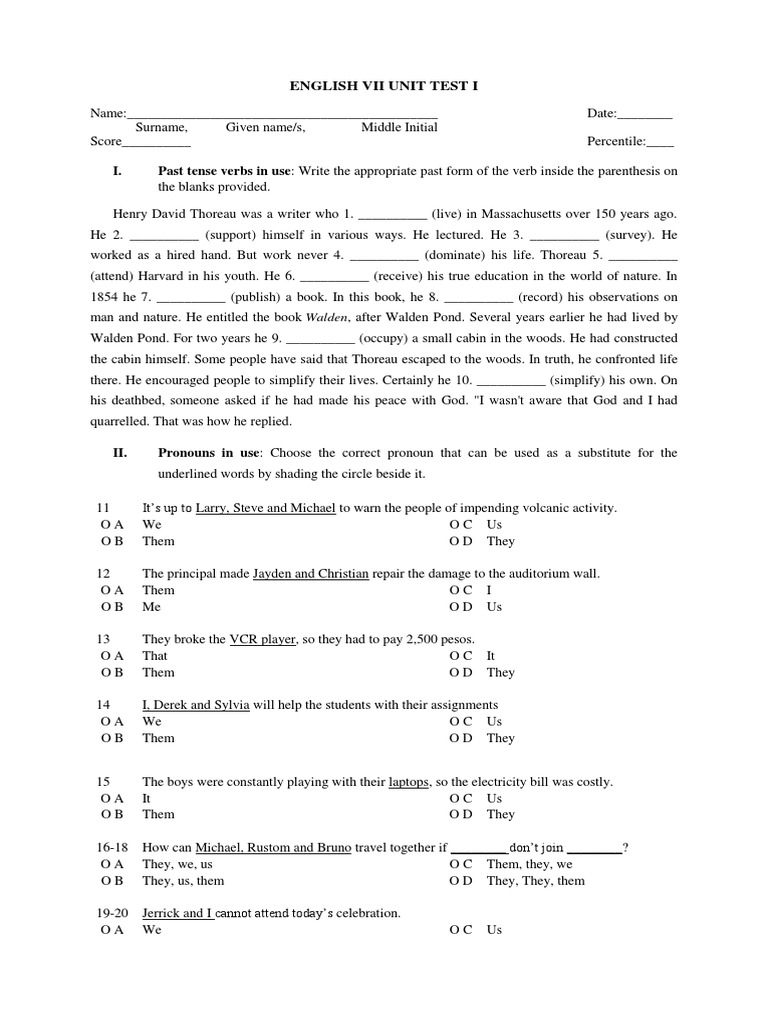 Walden Quiz for English VII Test | PDF | Walden | Henry David Thoreau