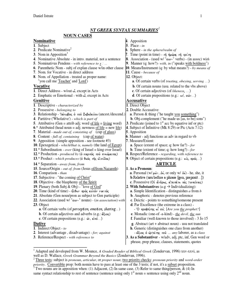 NT Greek Syntax Summary Sheet | PDF | Adjective | Grammatical Number