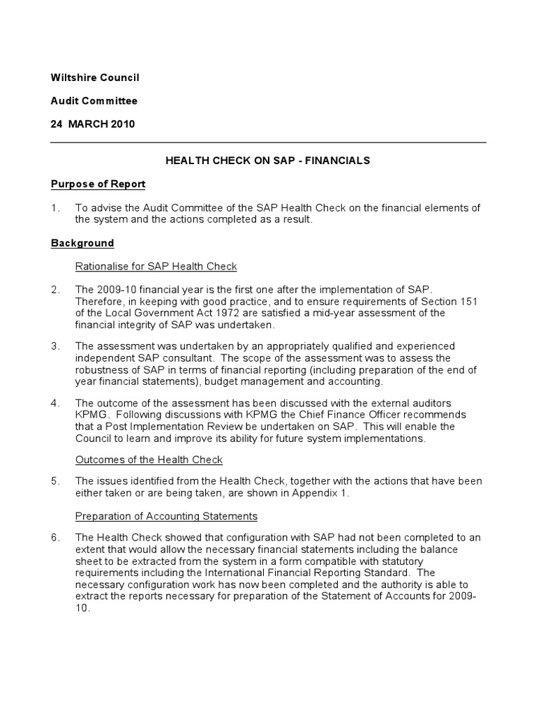 Health Check On SAP Financials | PDF | Audit Committee | Audit