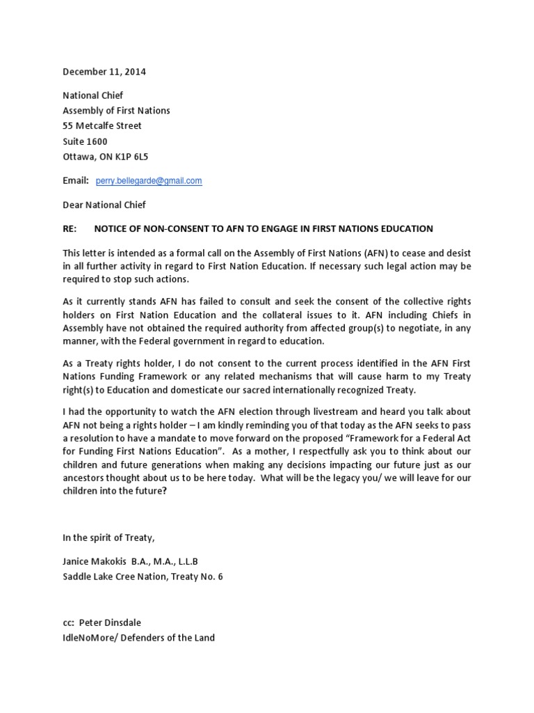 December 11 - AFN Letter of Non Consent On Education | PDF