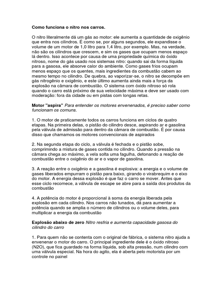Como Funciona o Nitro Nos Carros | PDF | Motor de Combustão interna ...
